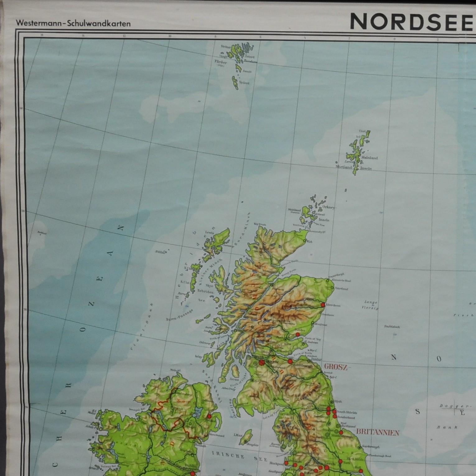 Vintage Pull Down Map North Sea Countries Northen Europe Great Britain ...