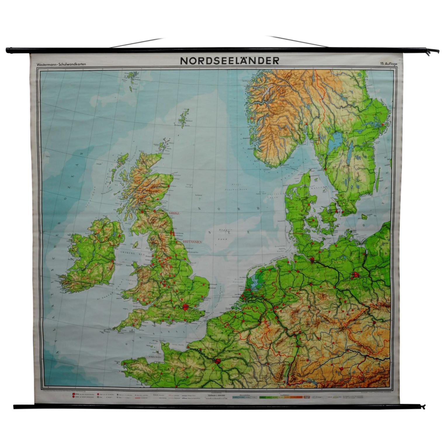 Vintage Pull Down Map North Sea Countries Northen Europe Great Britain ...
