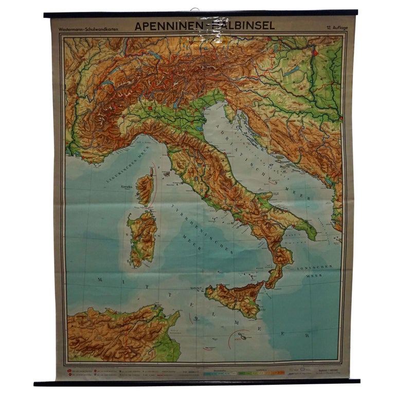 Vintage Pull Down Map the Italien Peninsula Italy Mediterrian Sea ...