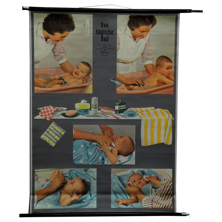 Vintage Pull Down Wall Chart Daily Infant Baby Care Daily Bath Routine ...