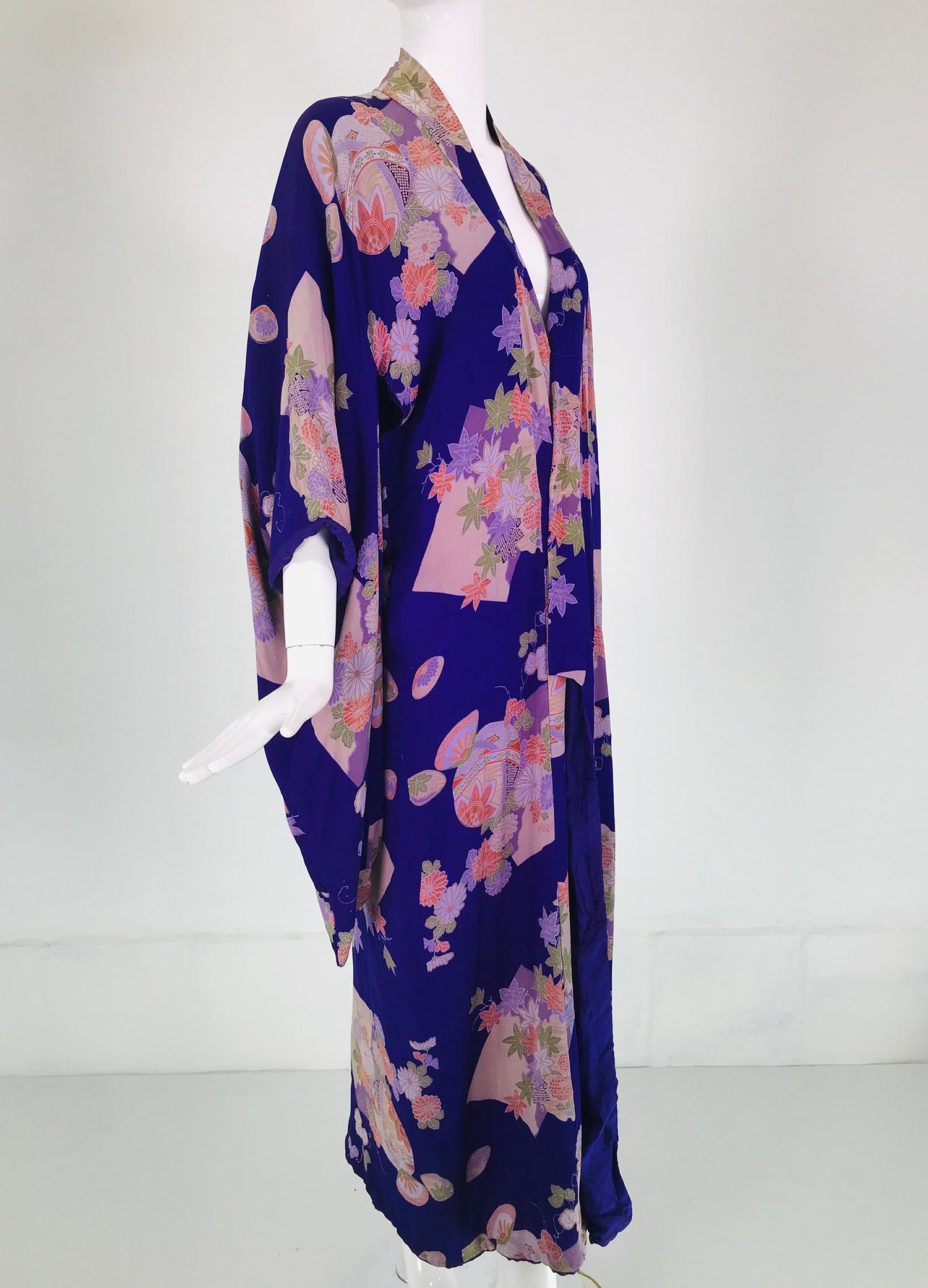 Vintage Purple Silk Crepe Maple Leaf Design Silk Lined Kimono at ...