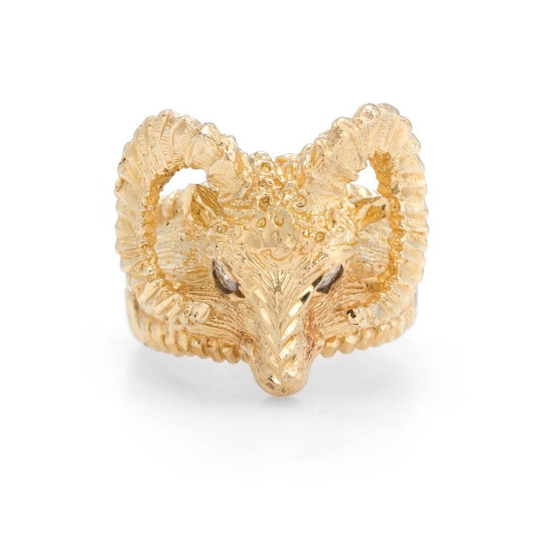 Vintage Ram Ring 14 Karat Yellow Gold Diamond Eyes Animal Zodiac ...