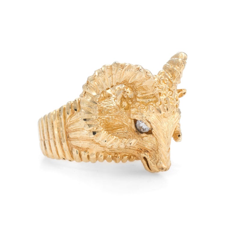 Vintage Ram Ring 14 Karat Yellow Gold Diamond Eyes Animal Zodiac ...