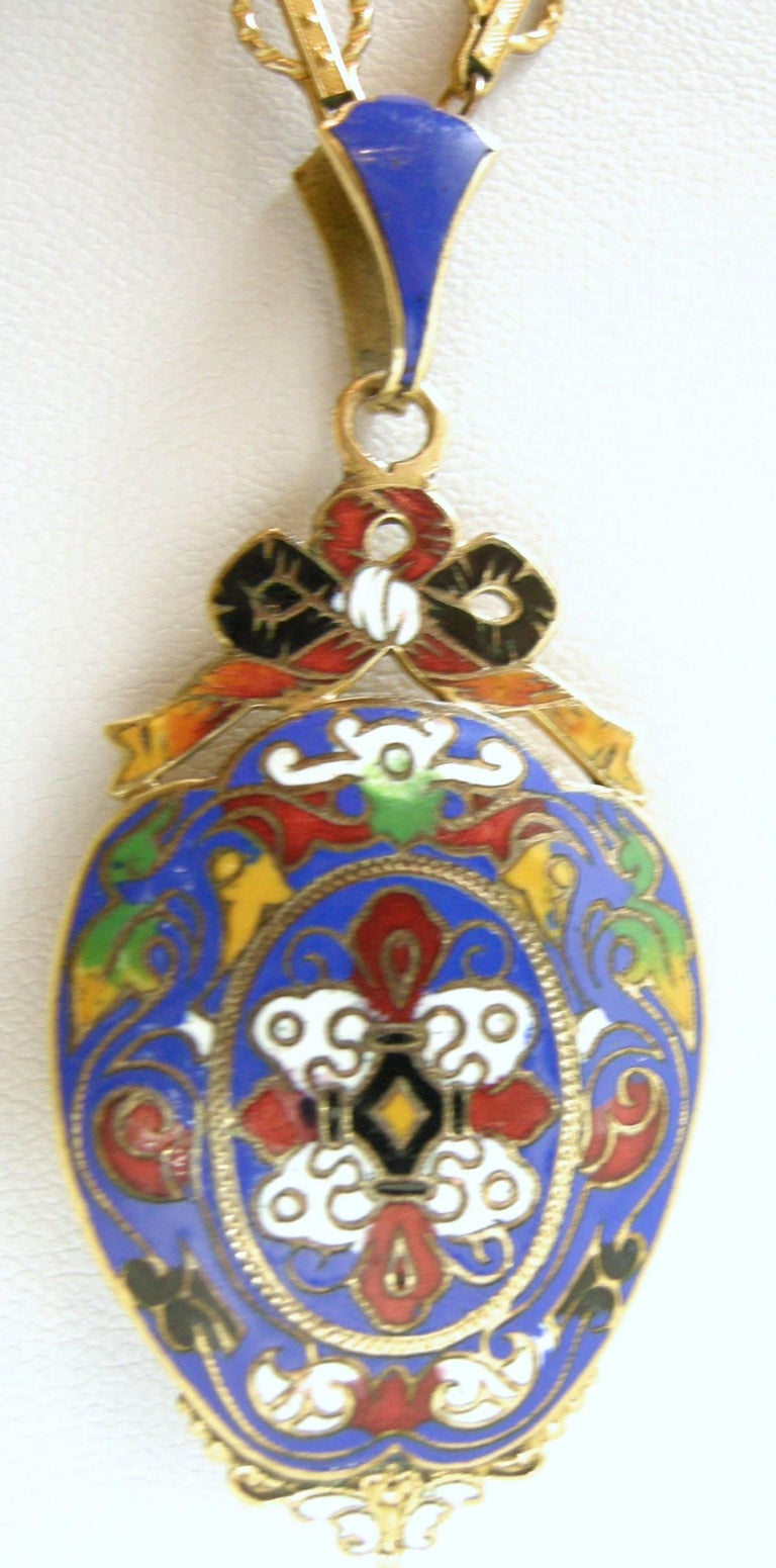 Victorian Vintage Gold-Filled Cloisonné Locket Necklace For Sale at 1stDibs