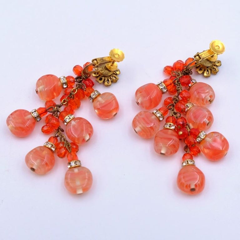 Vintage Rare Miriam Haskell Coral Glass Earrings 1950's For Sale at 1stDibs