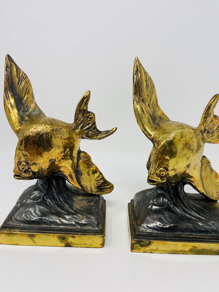 Vintage Rare Pair of Brass Flying Fish Bookends, 1930s For Sale at 1stDibs