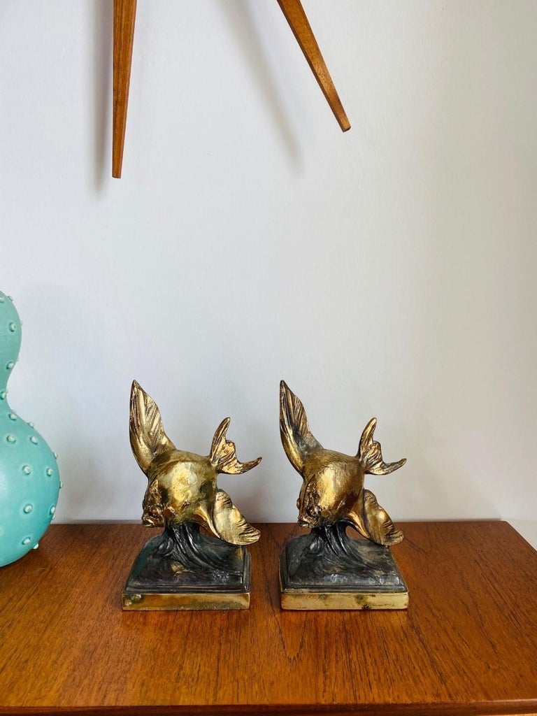 Vintage Rare Pair of Brass Flying Fish Bookends, 1930s For Sale at 1stDibs