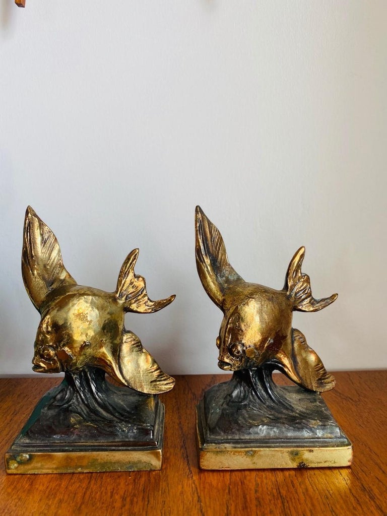 Vintage Rare Pair of Brass Flying Fish Bookends, 1930s For Sale at 1stDibs