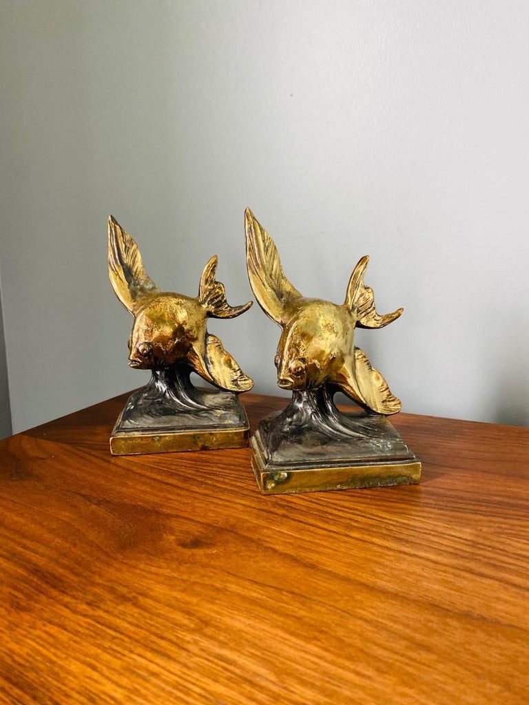 Vintage Rare Pair of Brass Flying Fish Bookends, 1930s For Sale at 1stDibs