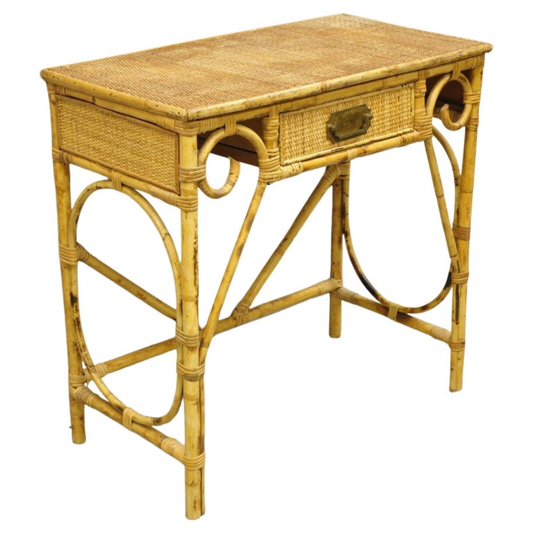 Vintage Rattan and Bamboo Victorian Style Small Vanity Table Desk with ...