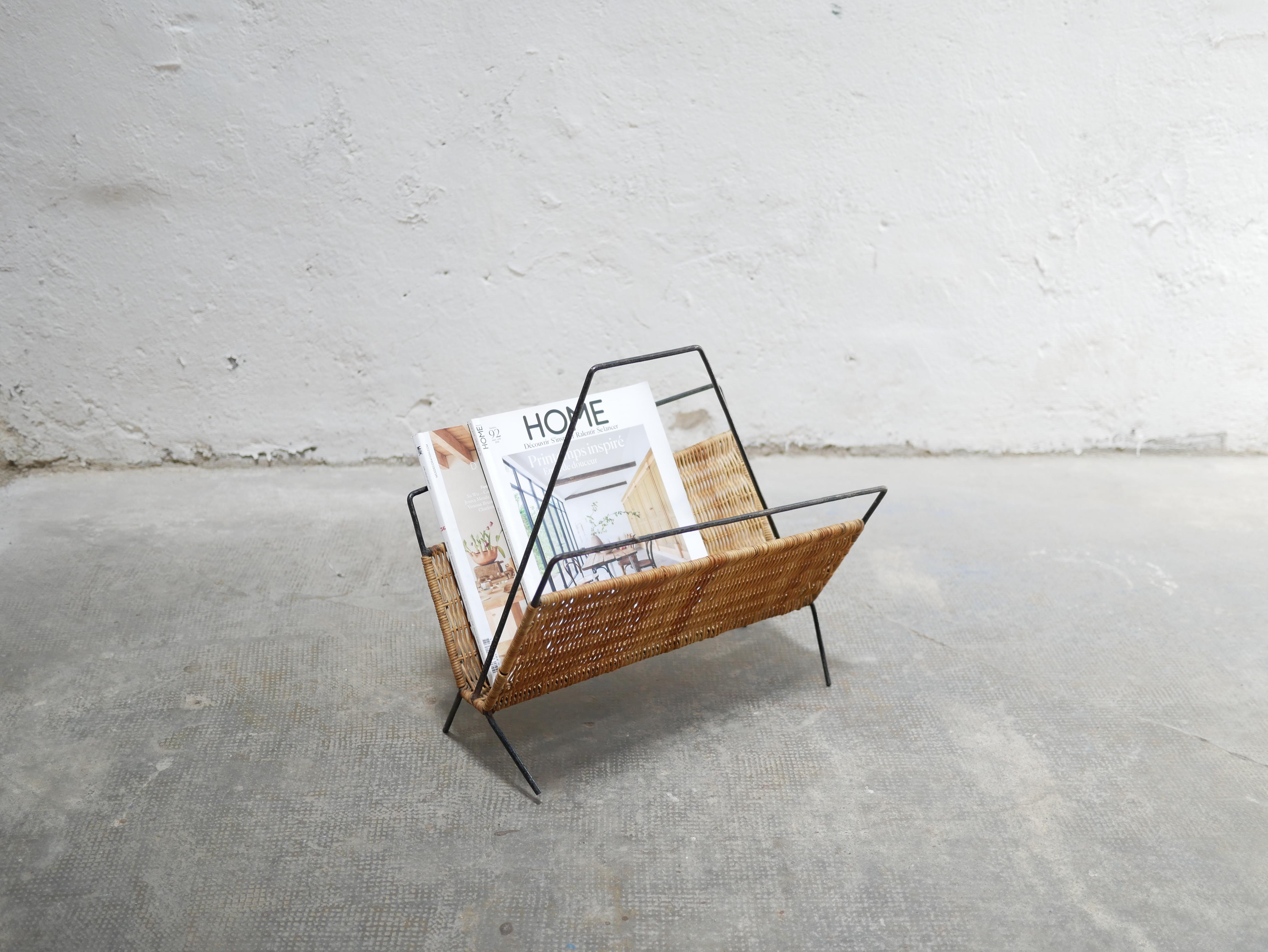 Vintage Rattan and Metal Magazine Rack at 1stDibs