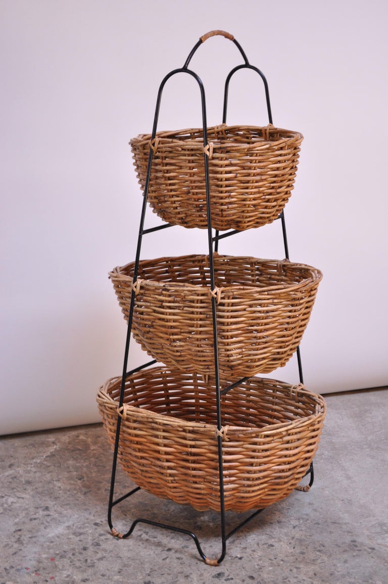 Vintage Rattan and Wrought Iron Three-Tiered Basket Stand at 1stDibs