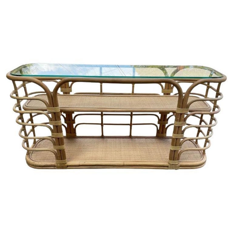 Vintage Rattan Console with Glass Top For Sale at 1stDibs