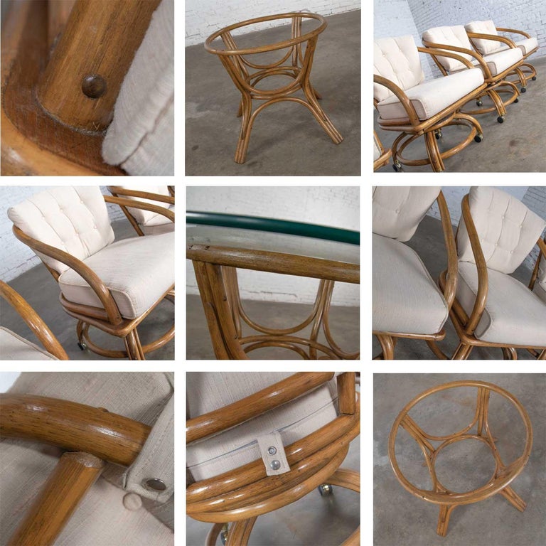 Vintage Rattan Game Table Set Round Glass Top Table and 4 Swivel ...
