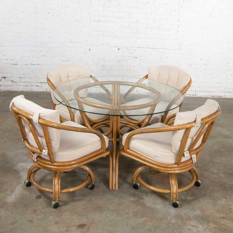 Vintage Rattan Game Table Set Round Glass Top Table and 4 Swivel ...