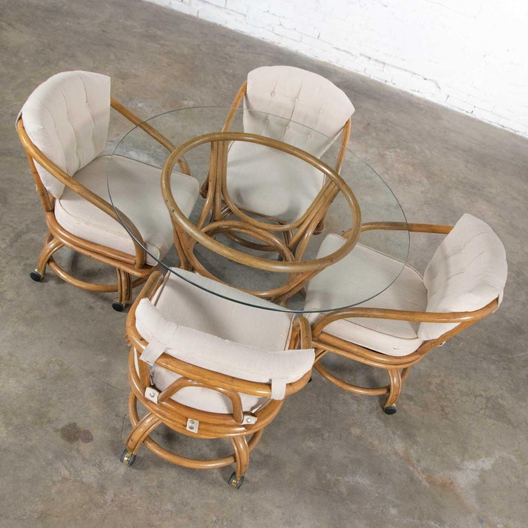 Vintage Rattan Game Table Set Round Glass Top Table and 4 Swivel ...