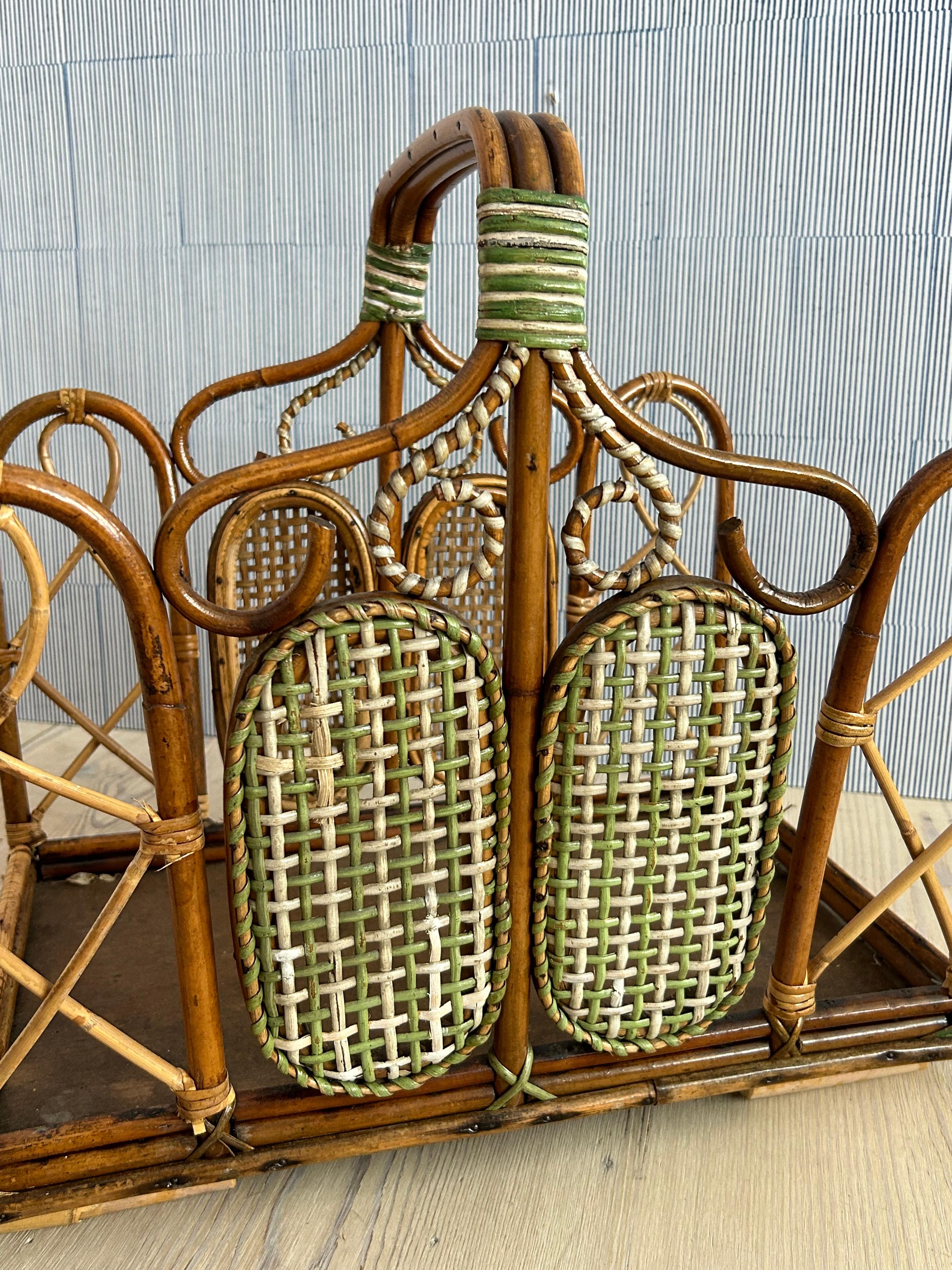 Vintage Rattan Magazine Rack with Green Woven Details, France, Late ...