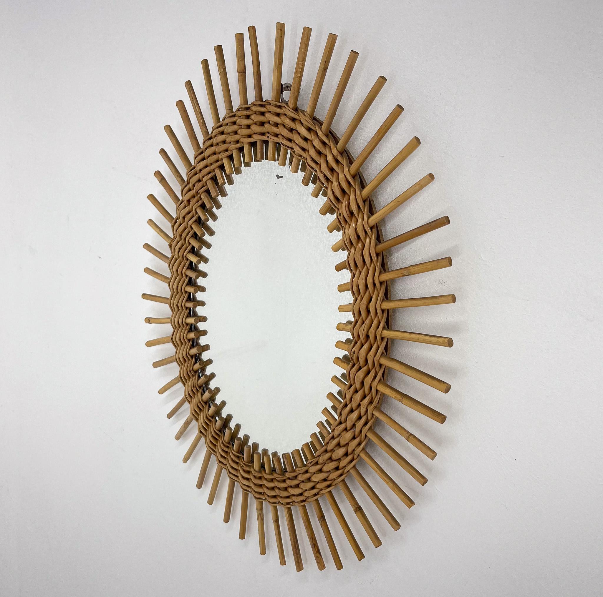 Vintage Rattan Oval Wall Mirror For Sale at 1stDibs