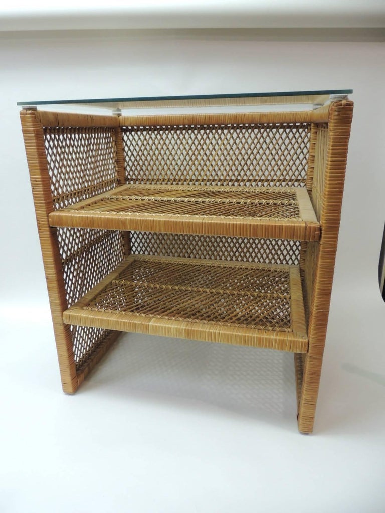 Vintage Rattan Rectangular Side Table with Shelves and Glass Top at ...