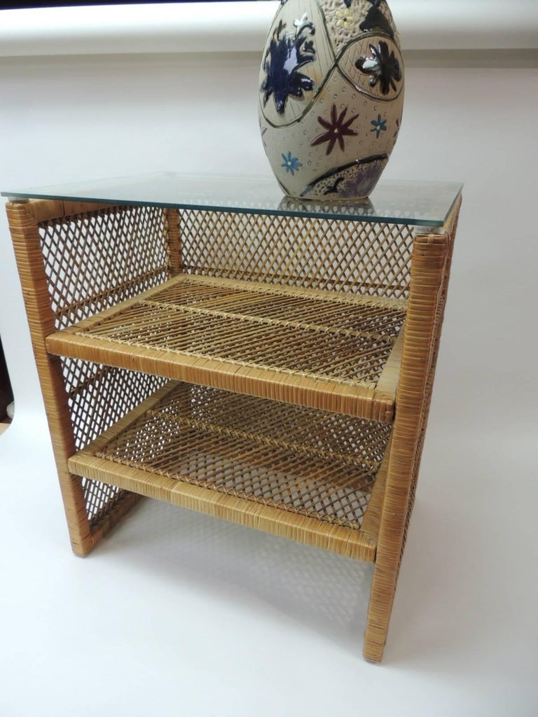 Vintage Rattan Rectangular Side Table with Shelves and Glass Top at ...