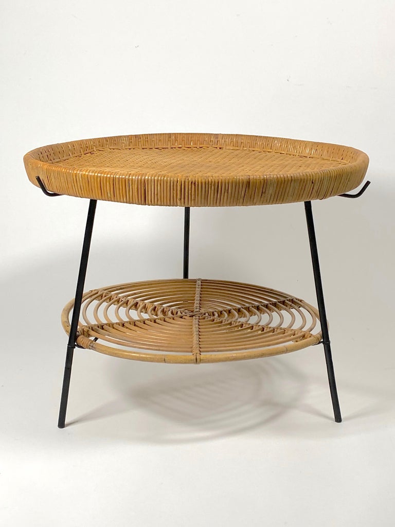 Vintage Rattan Two Tier Tray Table with Iron Frame For Sale at 1stDibs