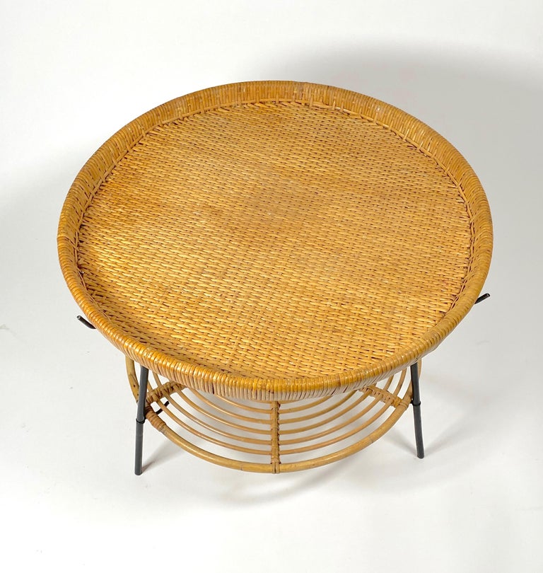 Vintage Rattan Two Tier Tray Table with Iron Frame For Sale at 1stDibs