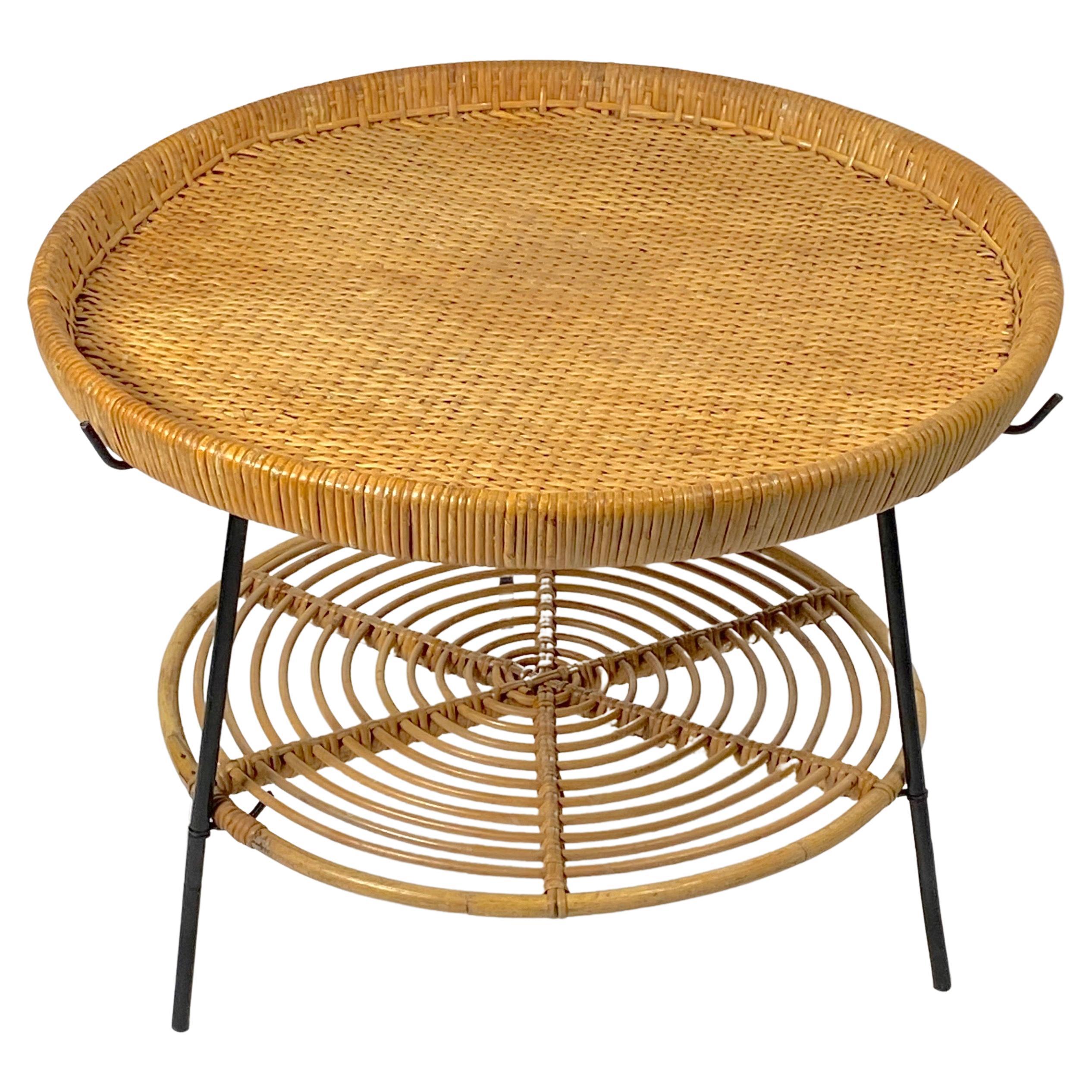 Vintage Rattan Two Tier Tray Table with Iron Frame For Sale at 1stDibs