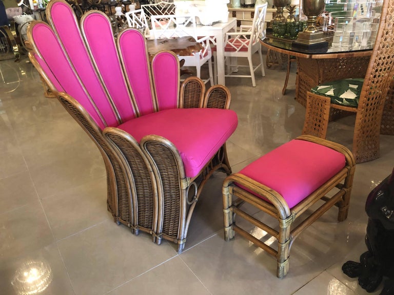 Vintage Rattan Wicker Peacock Fan Back Arm Chair and Ottoman Footstool ...