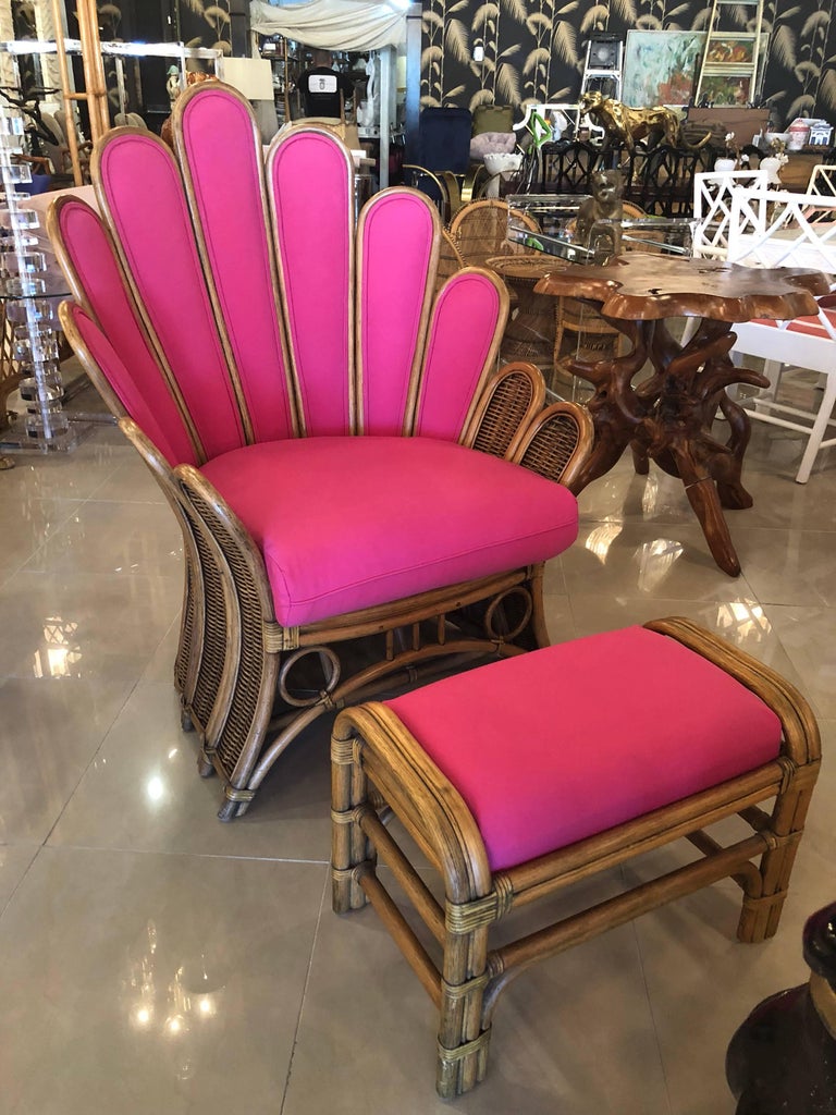 Vintage Rattan Wicker Peacock Fan Back Arm Chair and Ottoman Footstool ...