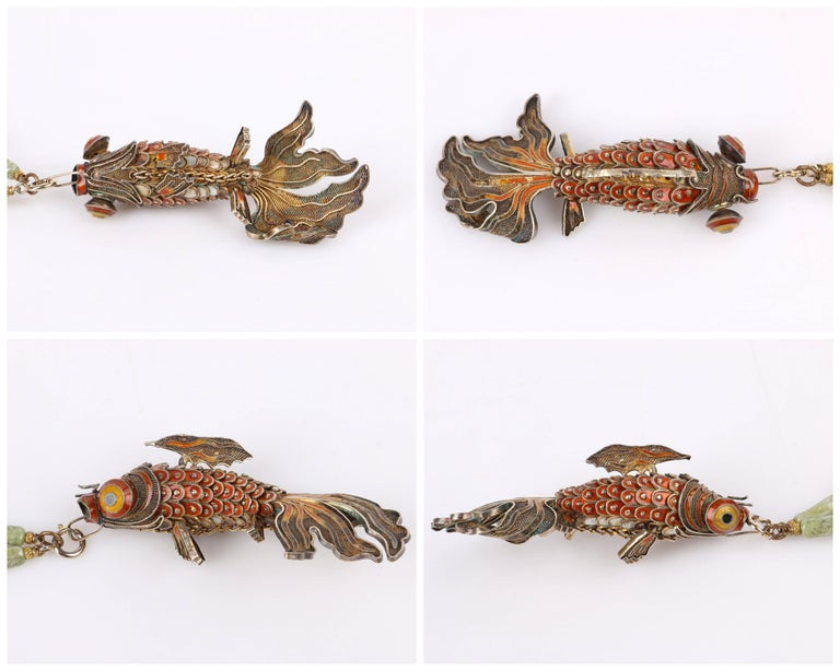 Vintage Raw Coral and Jade Articulated Cloisonne Enamel Koi Fish ...