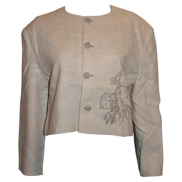 Vintage Raw Linen Mix Jacket with Embroidery Detail For Sale at 1stDibs