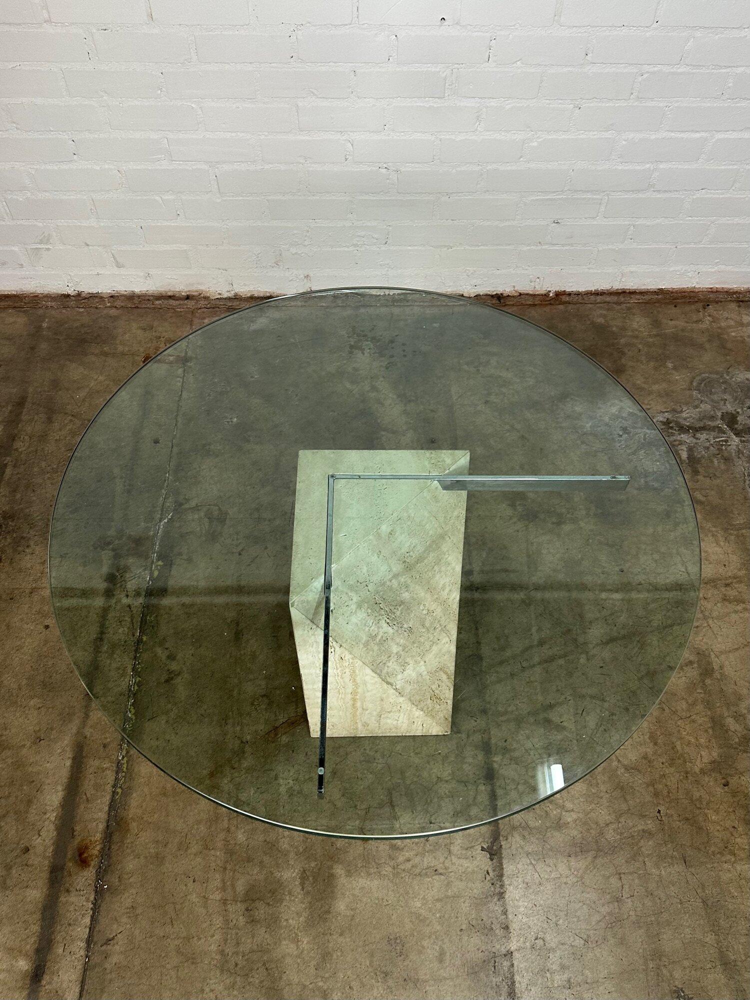 Vintage Raw Unsealed Travertine and Glass Dining Table For Sale at 1stDibs