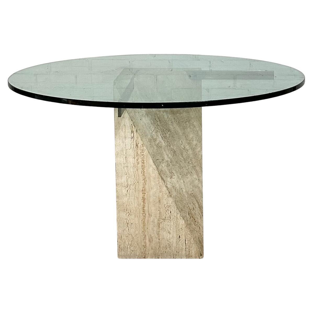 Table de salle à manger vintage en travertin et verre En vente sur 1stDibs