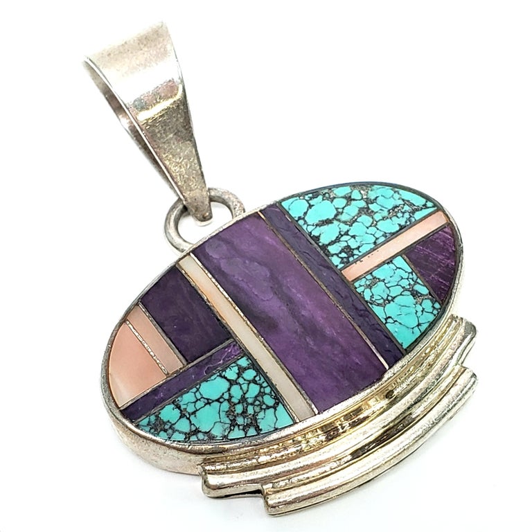 Vintage Ray Tracey Native American Sterling Silver Inlaid Oval Pendant ...