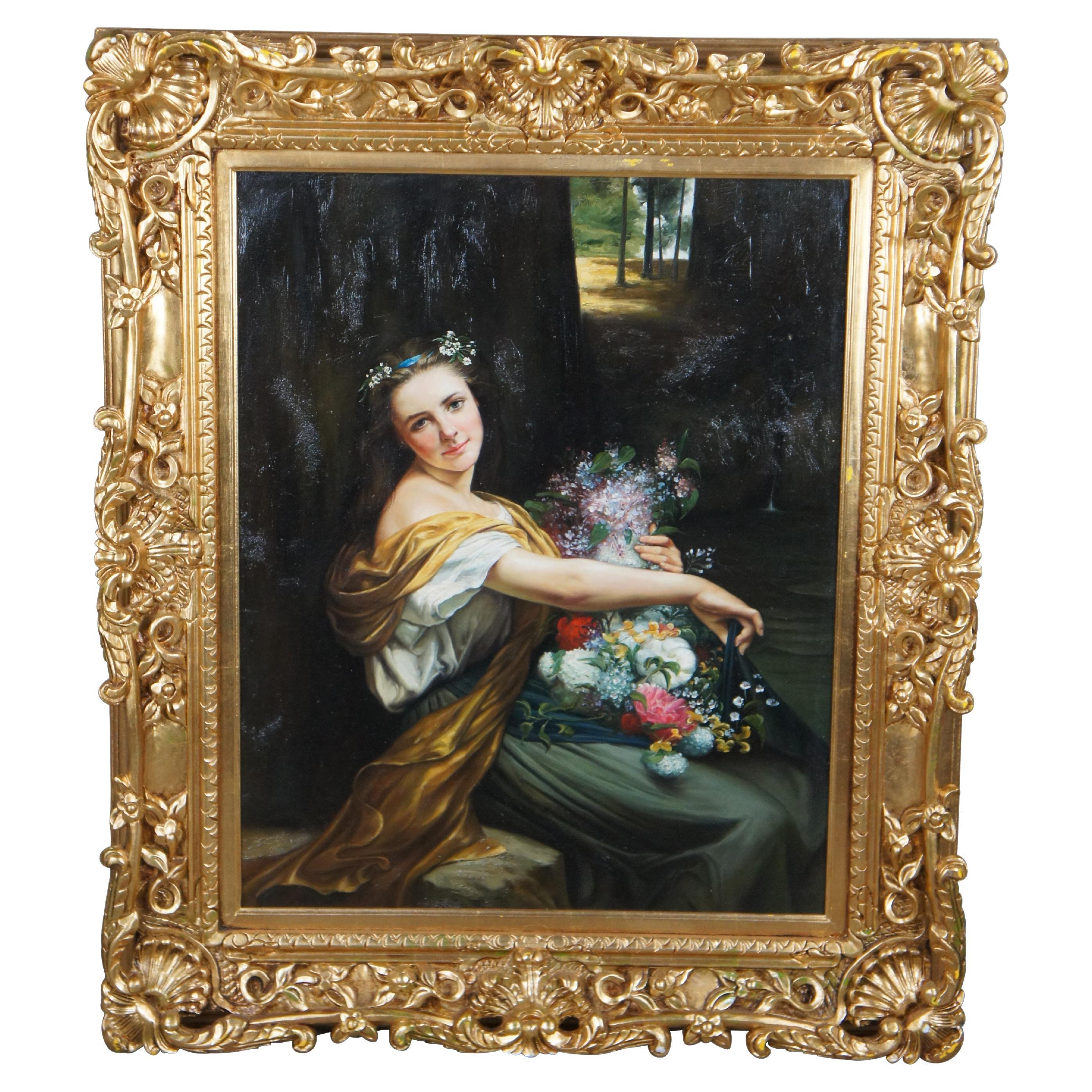 Vintage Realist Girl With Flowers Portrait Painting Oil on Canvas ...