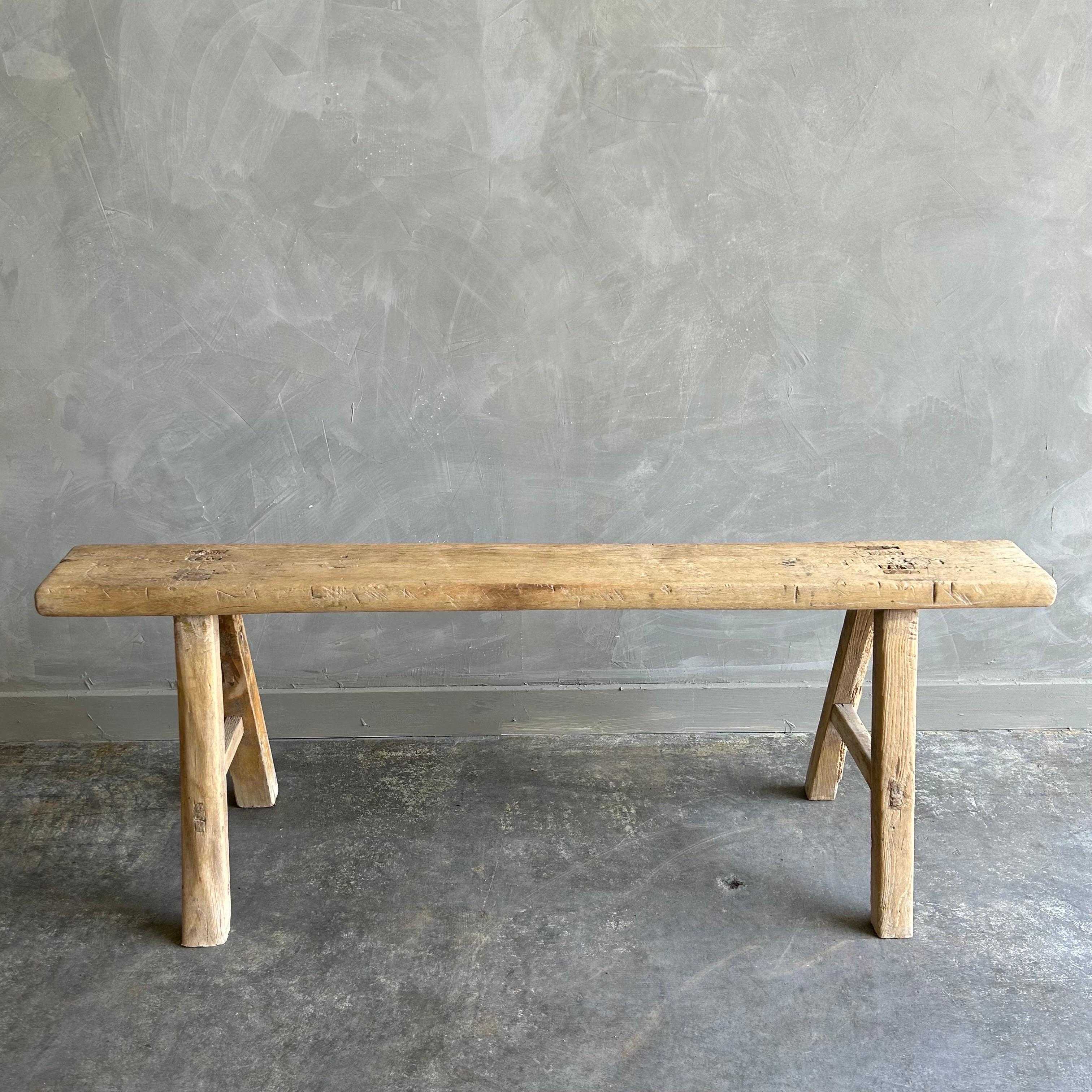 Vintage Reclaimed Elm Wood Skinny Bench 49" For Sale at 1stDibs