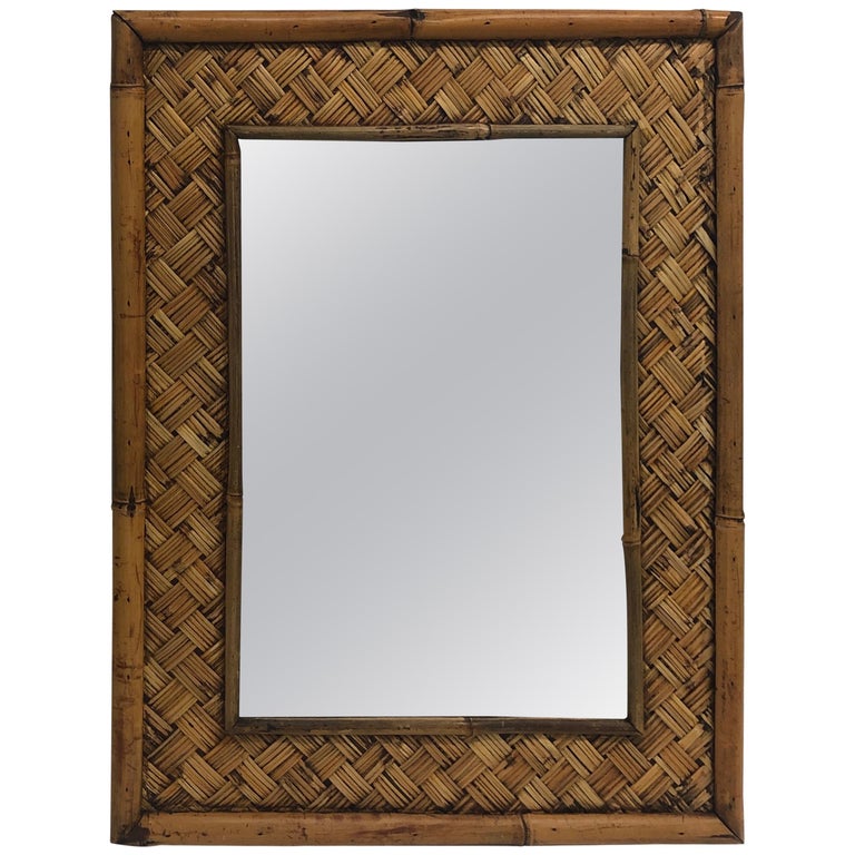 Vintage Rectangular Bamboo Mirror with Trellis Pattern Border at ...