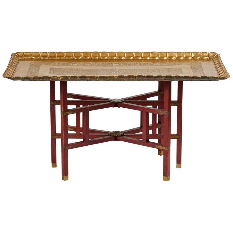 Vintage Rectangular Brass Tray Table with Red Folding Base at 1stDibs