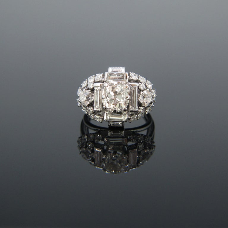 Vintage Rectangular Cushion Cut Baguette Diamond Platinum Ring at ...