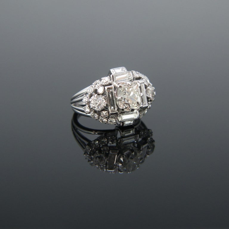 Vintage Rectangular Cushion Cut Baguette Diamond Platinum Ring at ...