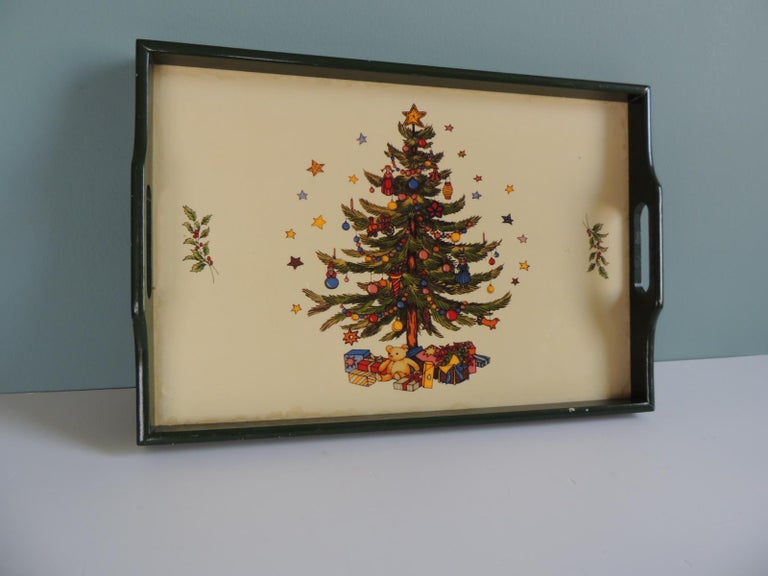 Vintage Rectangular Hunter Green Wood Serving Tray with Handles For ...