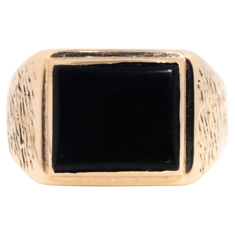 Vintage Rectangular Onyx 9 Carat Gold Men's Textured Flat Top Men's ...