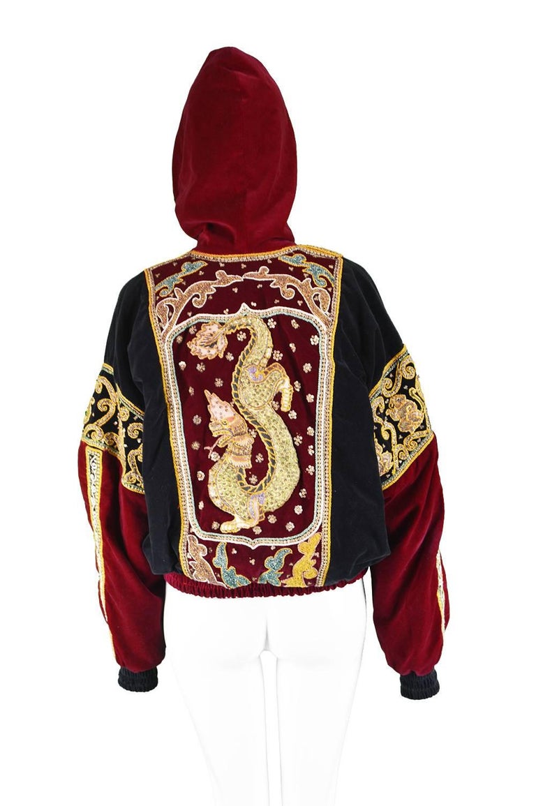 Red and Black Velvet Asian Gold Dragon Vintage Embroidered Bomber ...