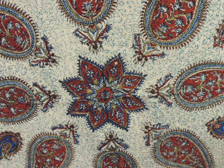 Vintage Red and Blue Paisley Hand-Blocked Cloth with Fringes For Sale ...