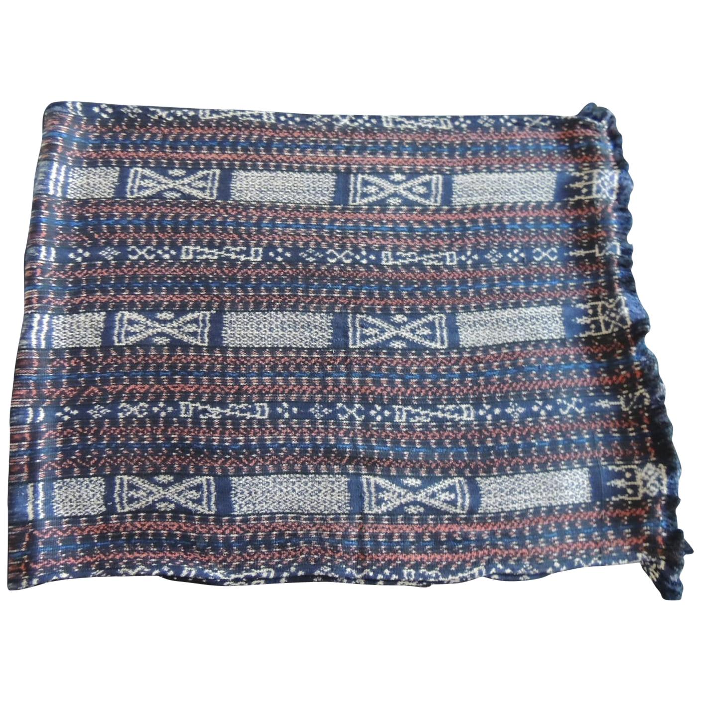 Large Vintage Woven Indigo and Pink Ikat Woven Textile Panel with ...