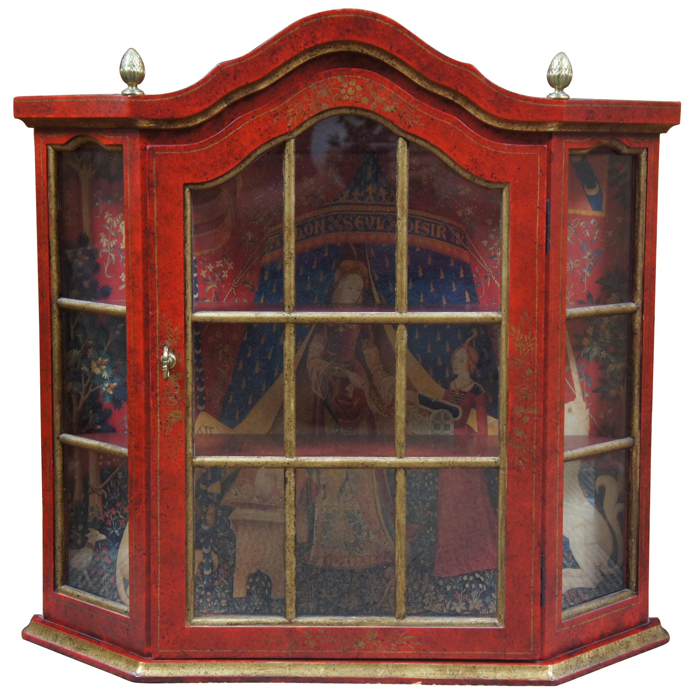 Vintage Red and Gold Distressed Wall Hanging Curio Cabinet Display Case ...