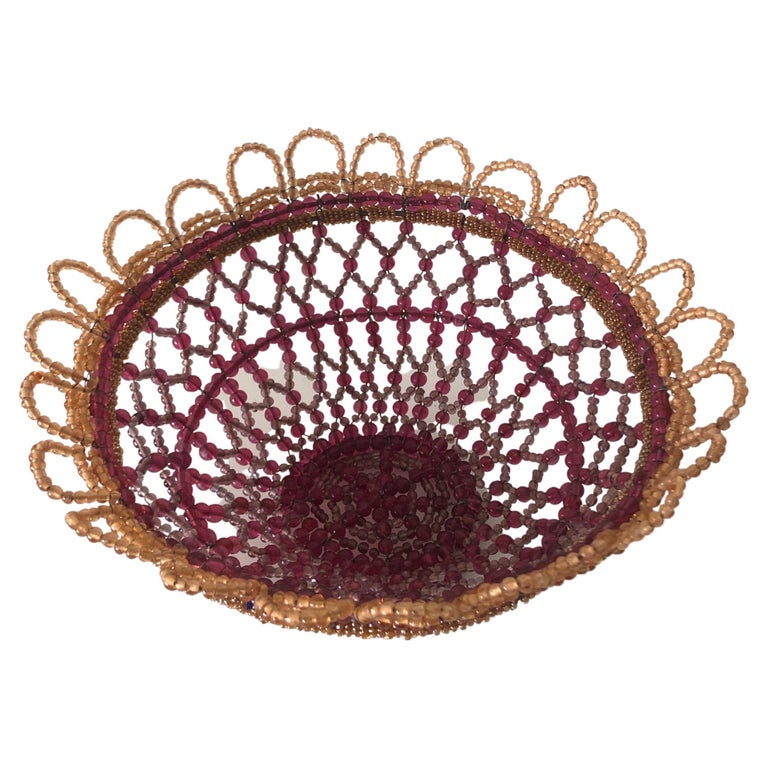 Vintage Red and Pink Glass Beads Decorative Round Basket For Sale at ...