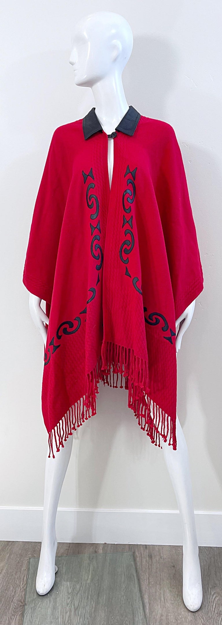 Vintage Red Black Wool + Leather Patchwork Fringe Cape / Poncho For ...