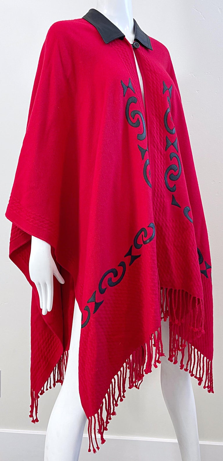 Vintage Red Black Wool + Leather Patchwork Fringe Cape / Poncho For ...