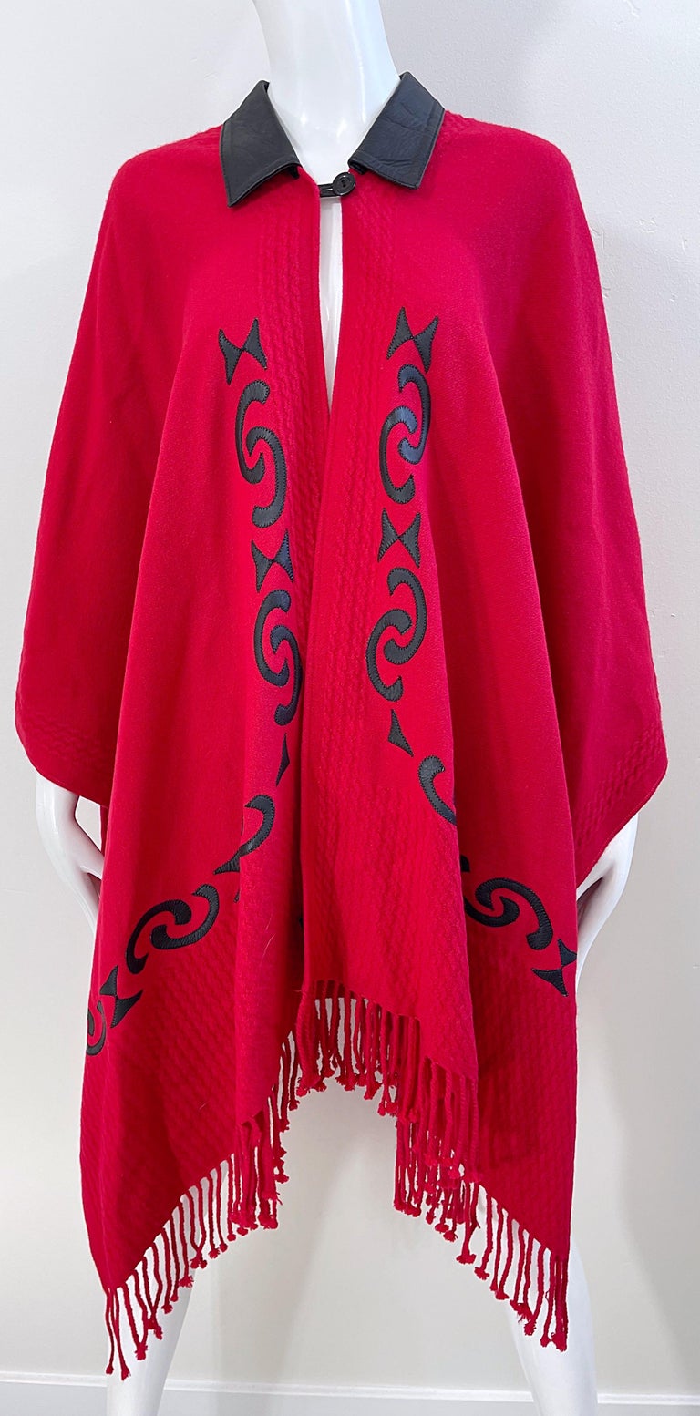 Vintage Red Black Wool + Leather Patchwork Fringe Cape / Poncho For ...